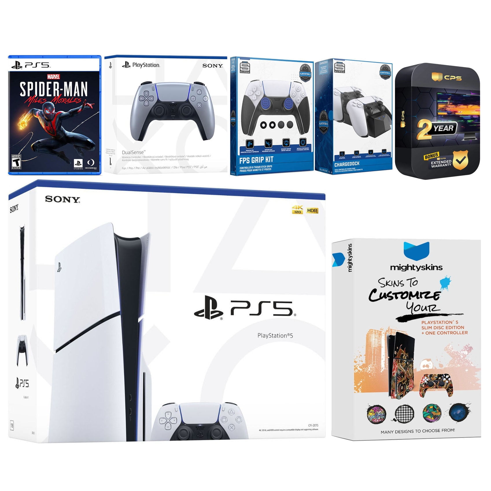 Sony Playstation 5 Slim Disc with Spider-Man: Miles Morales, Extra Sterling Silver Controller ...