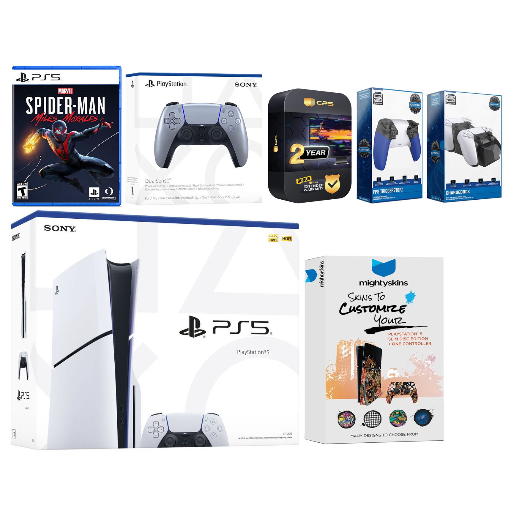 Sony Playstation 5 Slim Disc with Spider-Man: Miles Morales, Extra Sterling Silver Controller ...