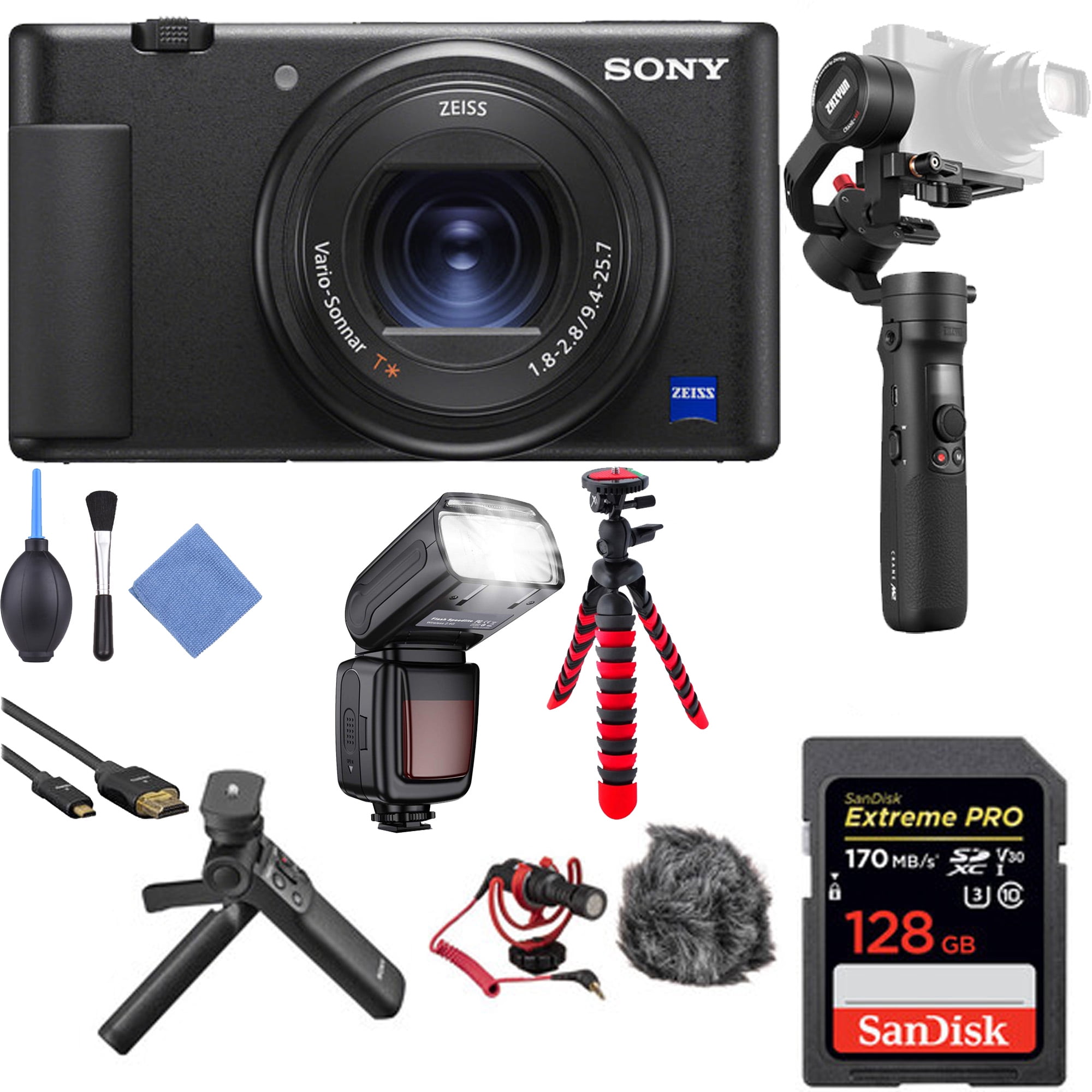 Sony ZV:1 Digital Camera with Shotgun Microphone, Gimbal Stabilizer, 128GB Sandisk Extreme Pro ...