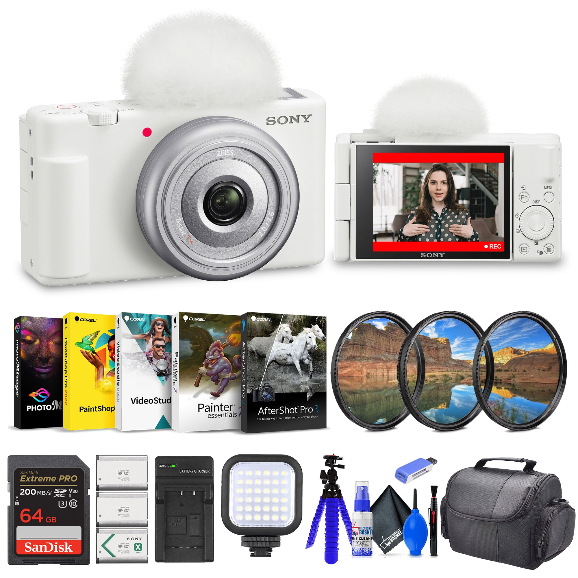 Sony ZV-1F Vlogging Camera (White) (ZV1F/W) + Filter Kit + 64GB Card ...