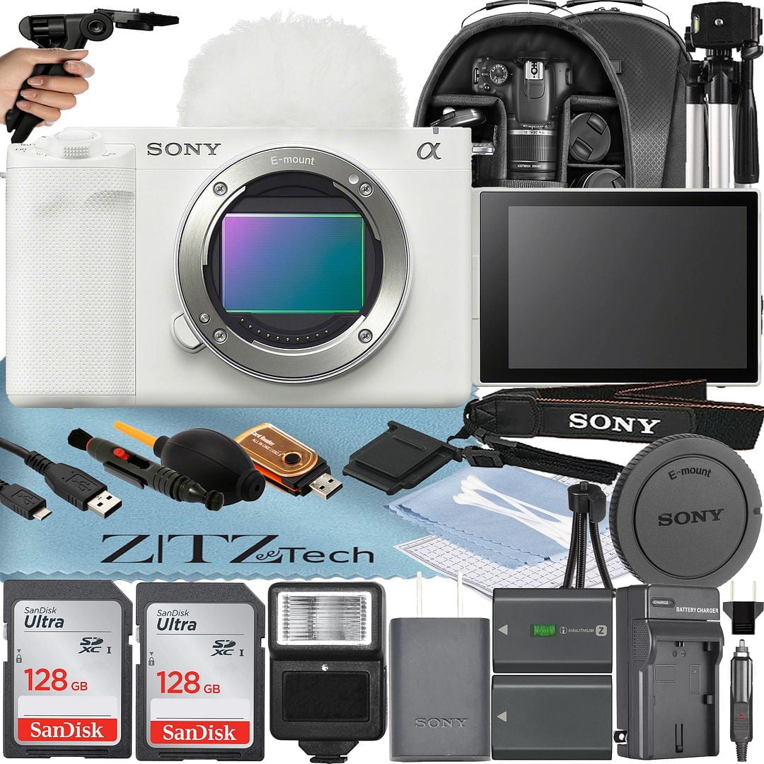 Sony ZV-E1 Mirrorless Camera White (Body Only) with 2 Pack SanDisk 128GB Memory Card + Backpack ...