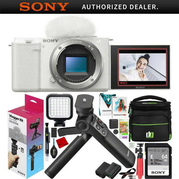 Sony ZV-E10 Mirrorless Alpha Camera Vlogger Kit, White Bundle with Extra Battery & Accessories ...