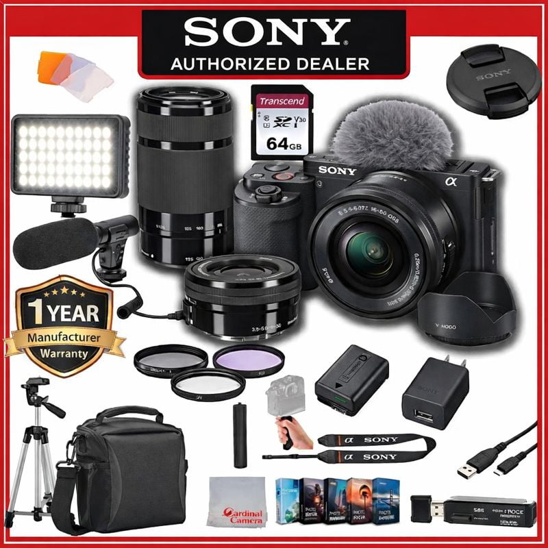 Sony ZV-E10 Mirrorless Camera with 16-50mm + 55-210mm Lenses, 64GB ...