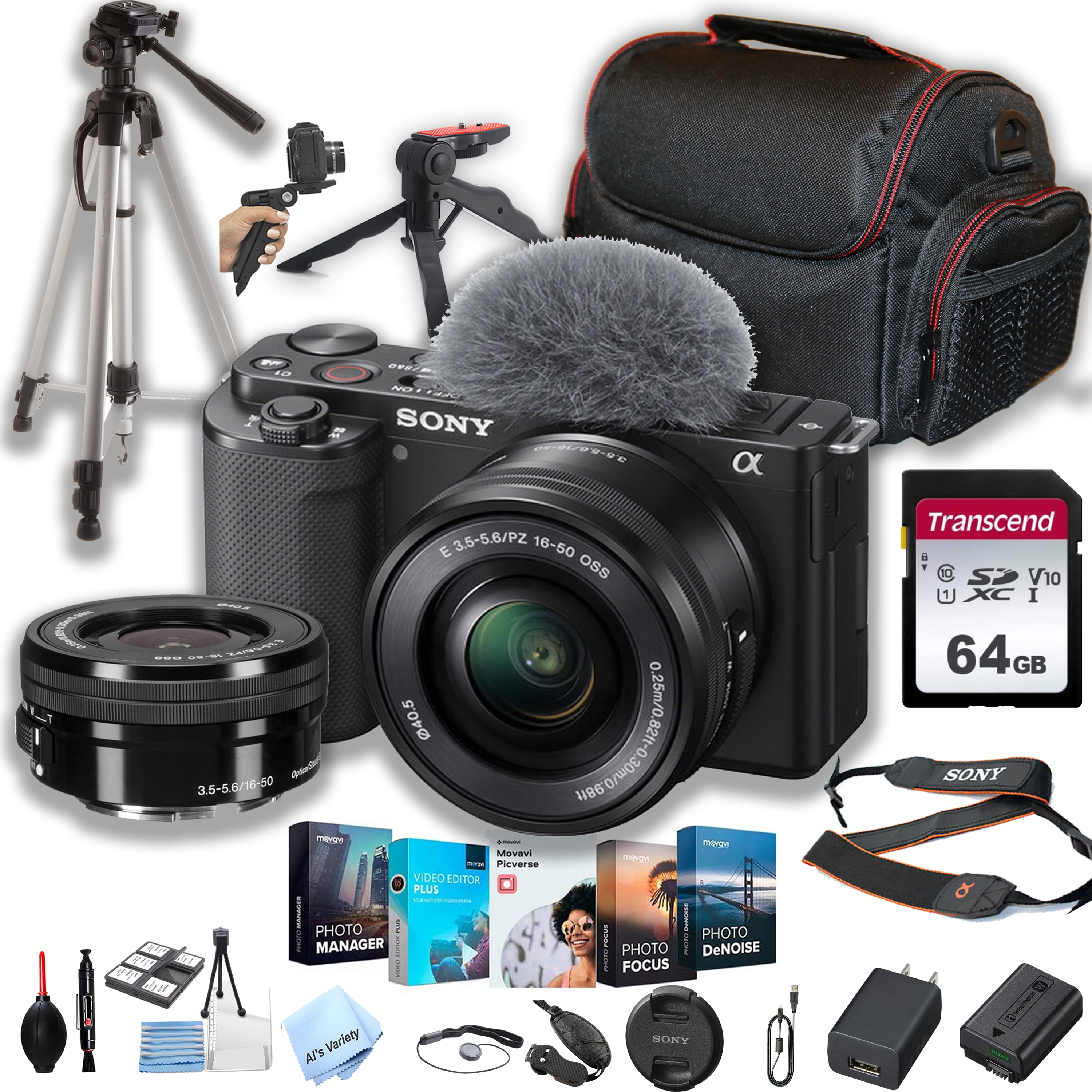 Sony ZV-E10 Camera Kit: 16-50mm Lens, 64GB, Case, Grip Pod, Tripod ...