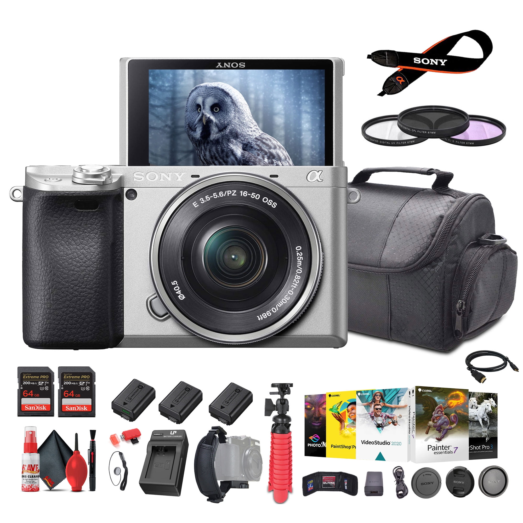 Sony a6400 Mirrorless Camera with 16-50mm Lens, Silver + Dual 64GB ...