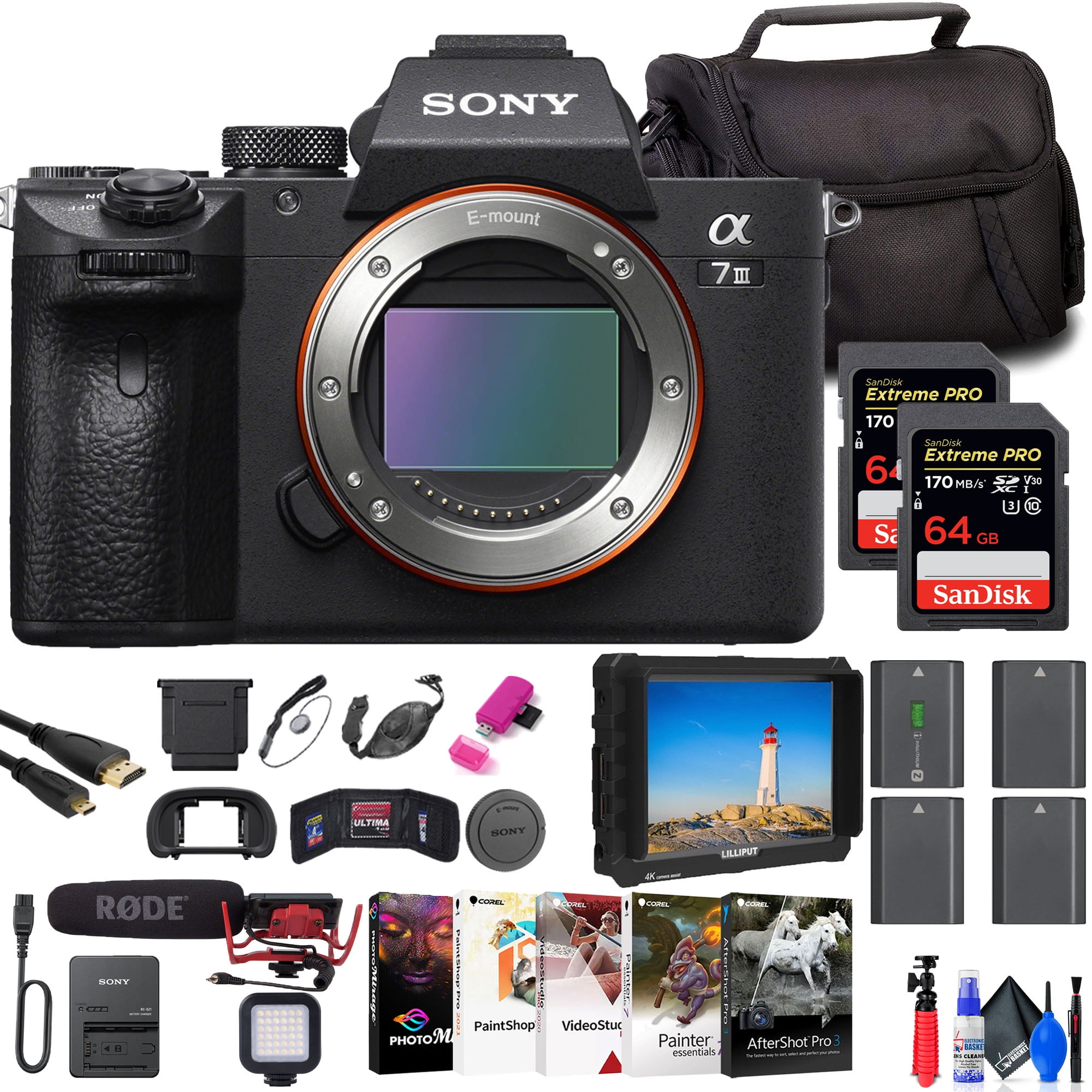 Sony a7 III Mirrorless Camera + 4K Monitor + Mic + 2 x 64GB Card + More ...