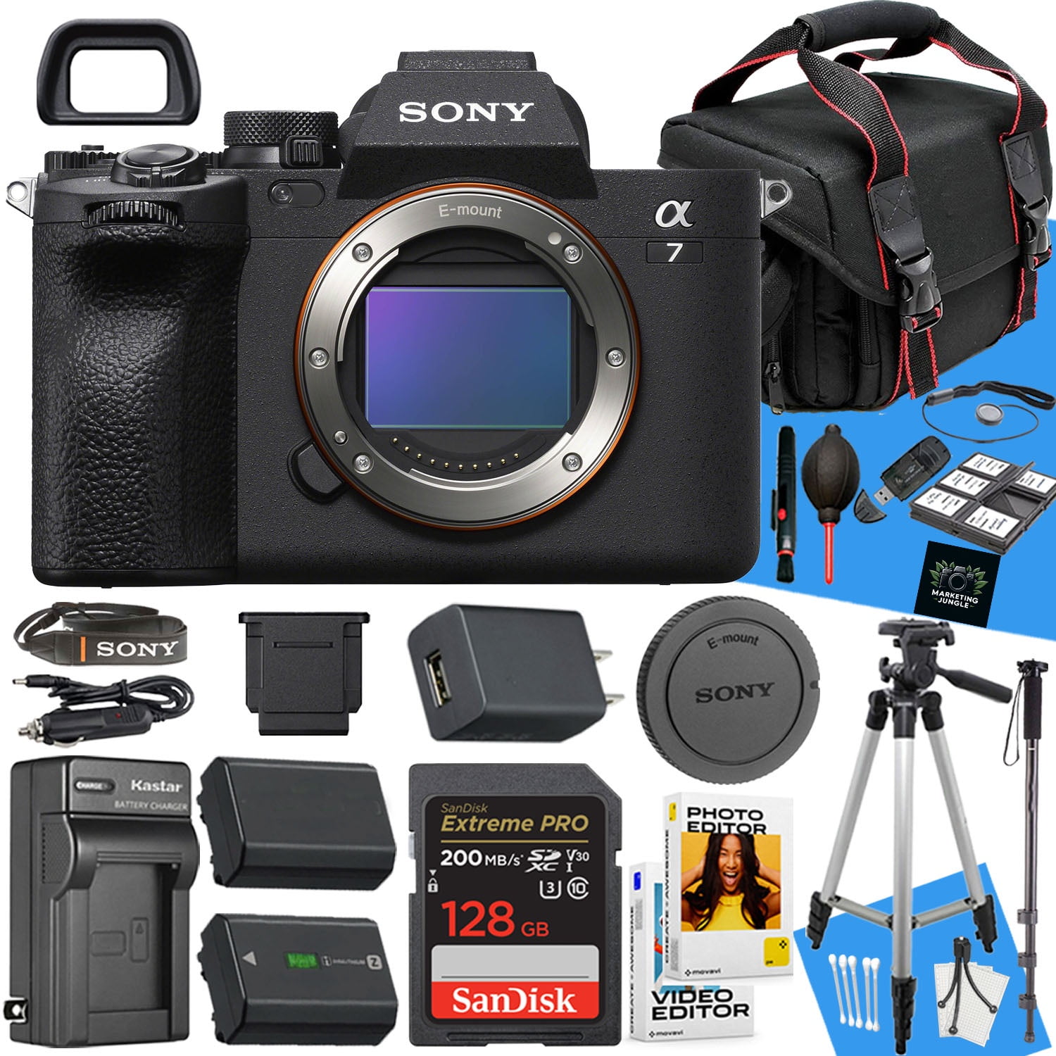 Sony a7 IV Mirrorless Camera (Body Only) + 128 GB Memory + Tripod + Case + Monopod + Card Reader ...