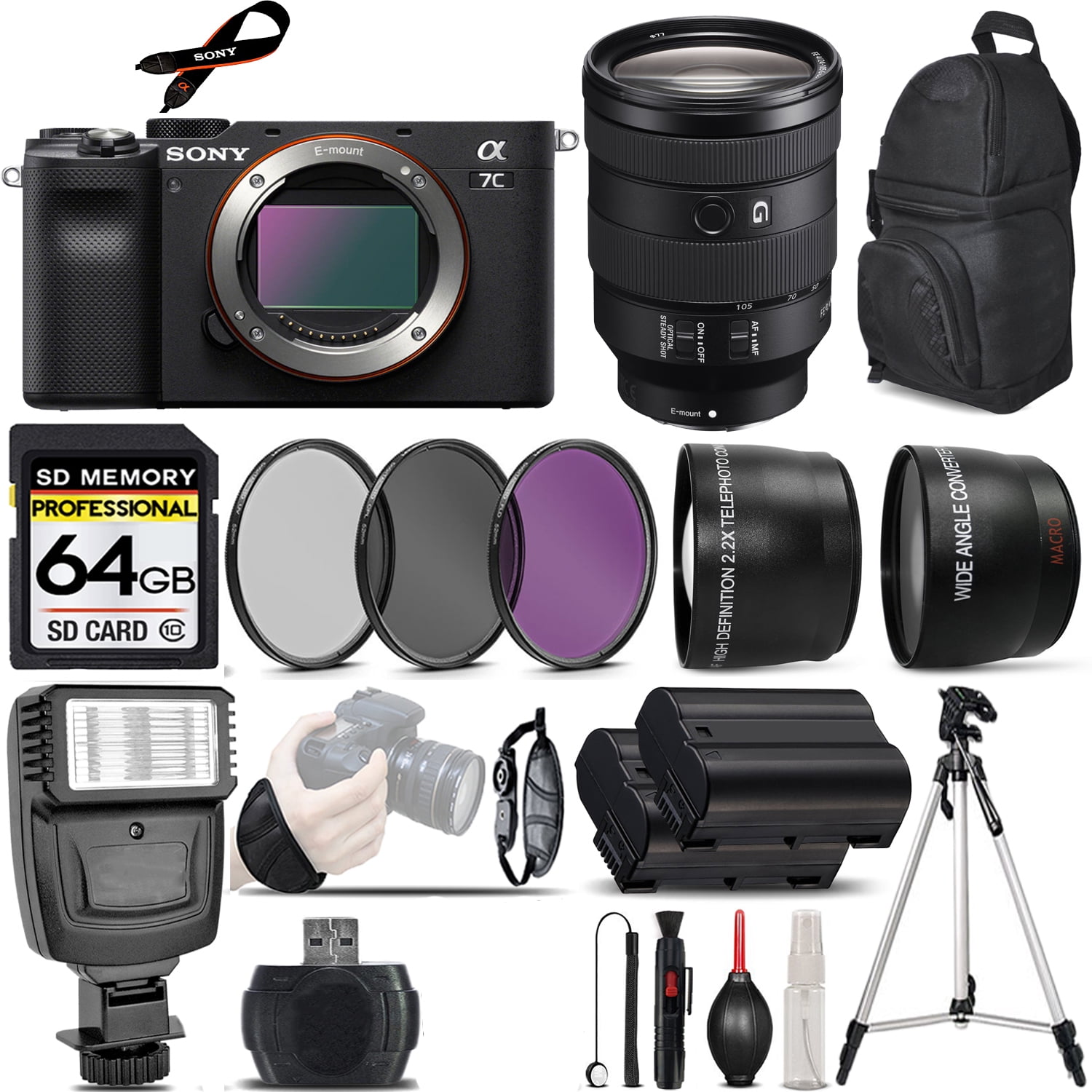 Sony a7C Camera (Black) + 24-105mm f/4 G OSS Lens + Flash + 0.43x Wide ...