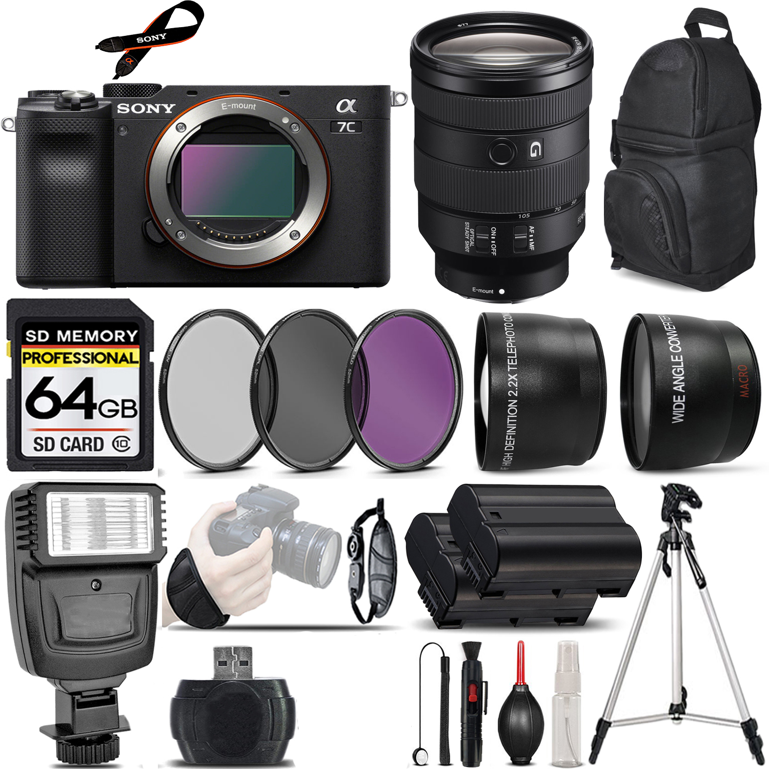 Sony a7C Camera (Black) + 24-105mm f/4 G OSS Lens + Flash + 0.43x Wide ...