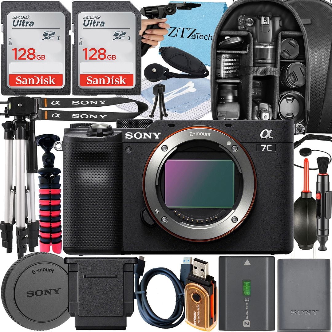 Sony a7C Mirrorless Camera (Black) + Tripod + 2 Pack 128GB Memory Card ...