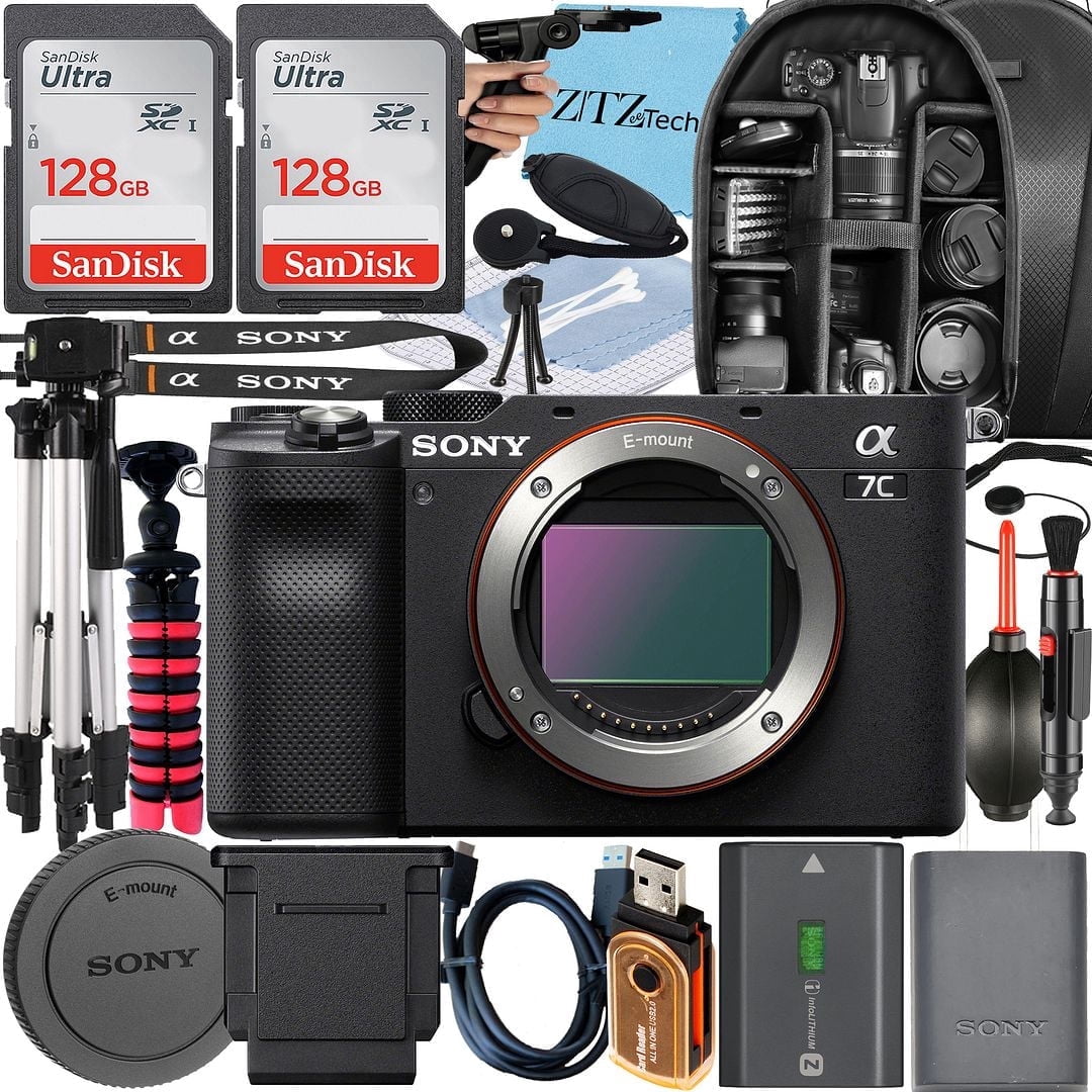 Sony a7C Mirrorless Camera (Black) + Tripod + 2 Pack 128GB Memory Card ...