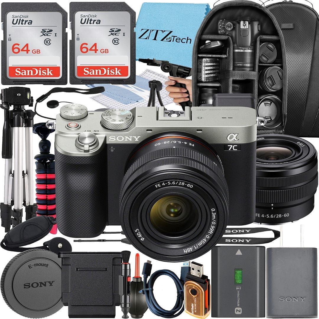 Sony a7C Mirrorless Camera (Silver) + Sony FE 28-60mm + Tripod + 2 Pack ...
