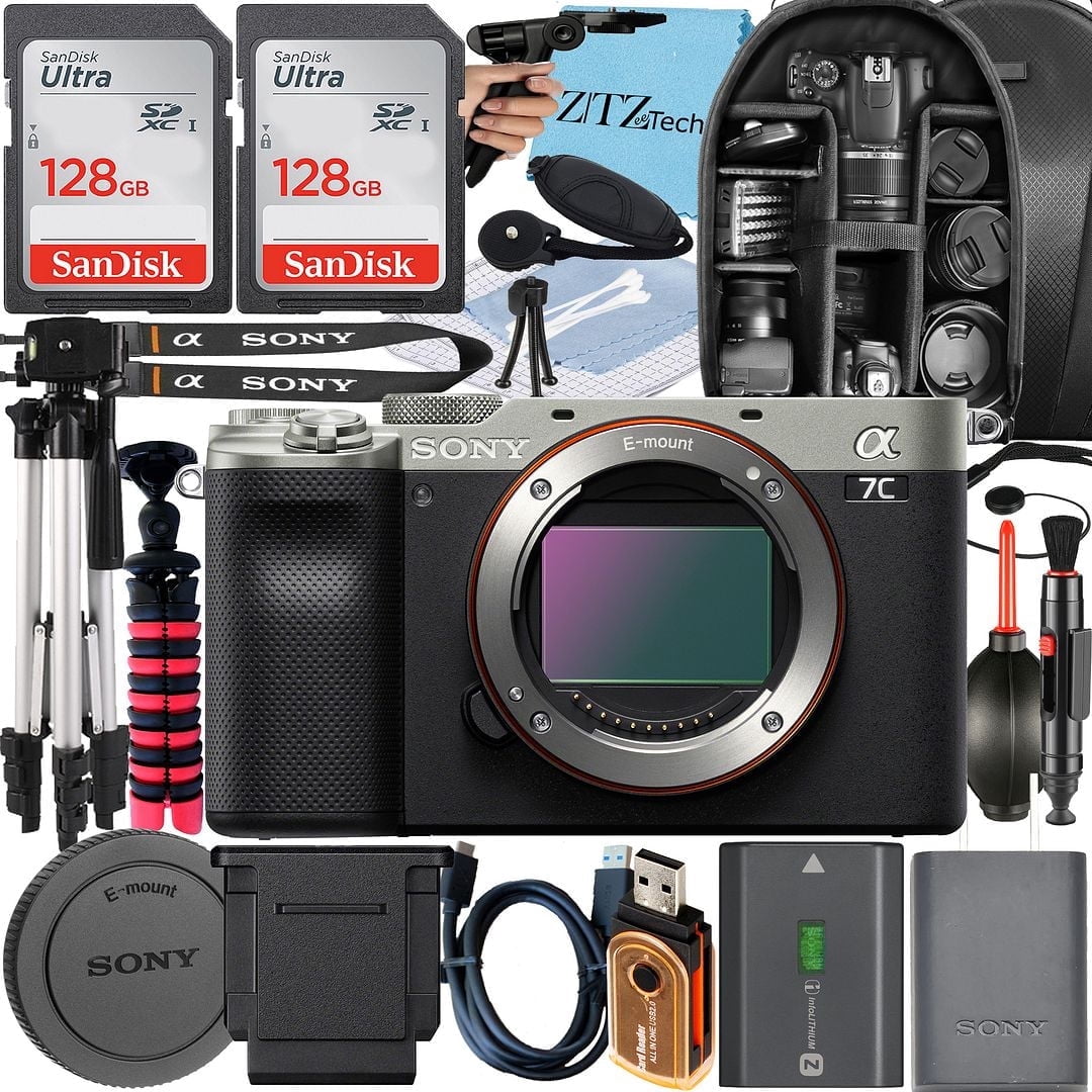 Sony a7C Mirrorless Camera (Silver) + Tripod + 2 Pack 128GB Memory Card ...