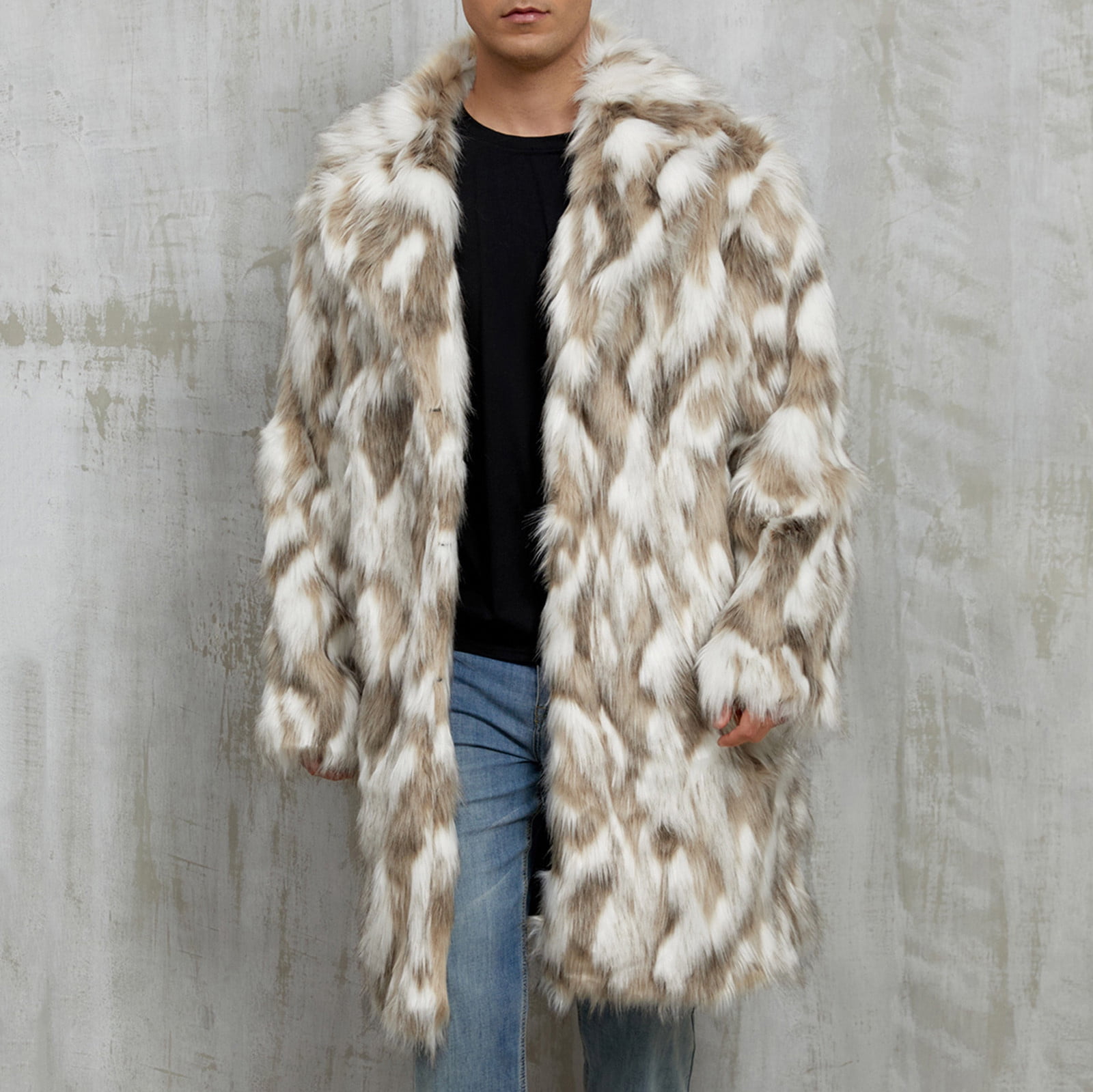 Sookity Men's Faux Fur Coats Open Front Loose Fit Thick Lapel Parka ...
