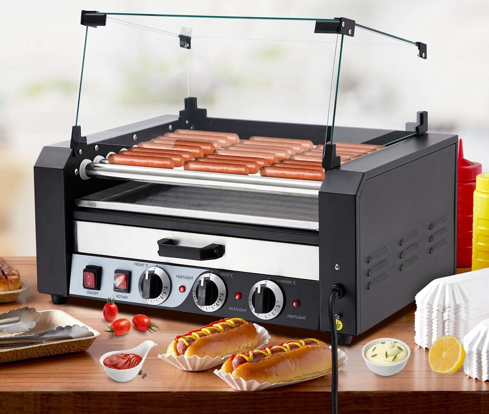 Soonbuy 24 Hot Dog 9 Roller Grill Cooker Machine with Bun Warming ...