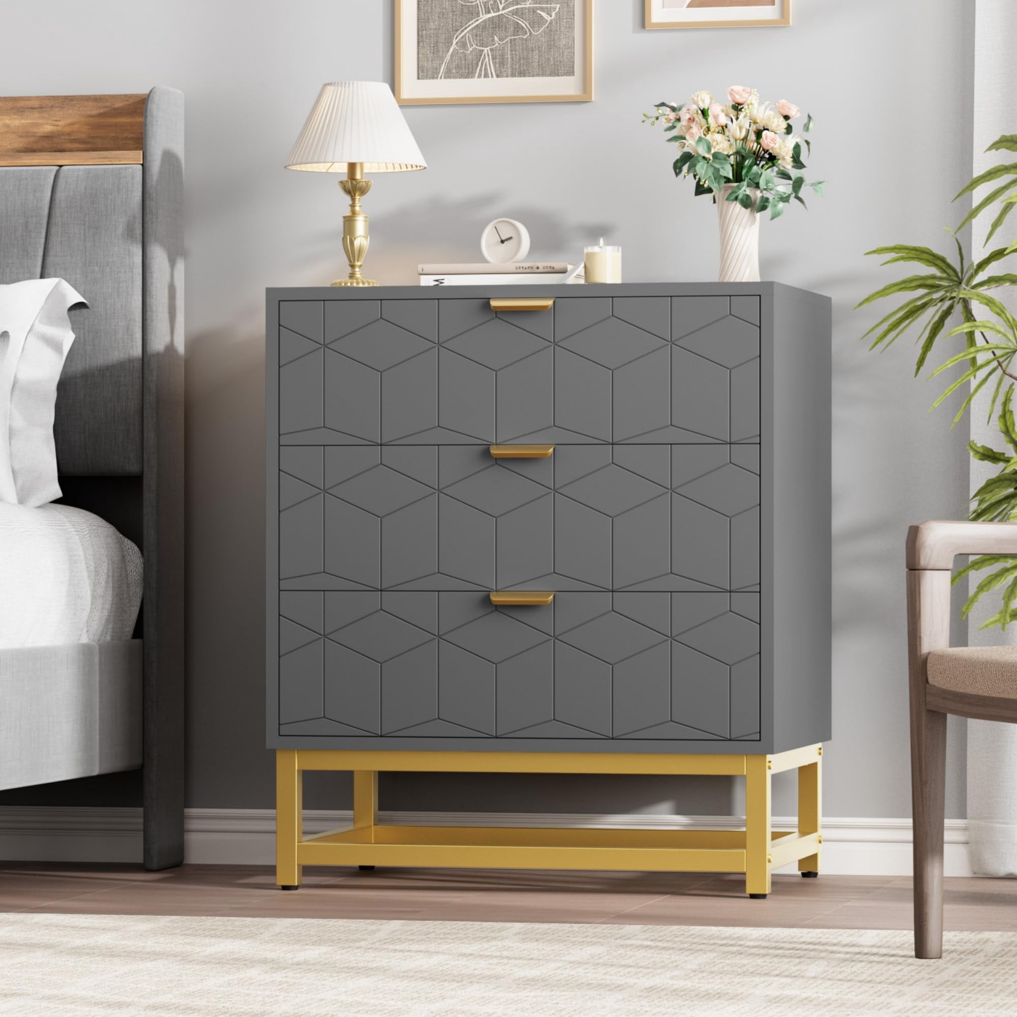 Soonbuy 3 Drawer Dresser for Bedroom, Wood Chest of Drawers with Metal ...