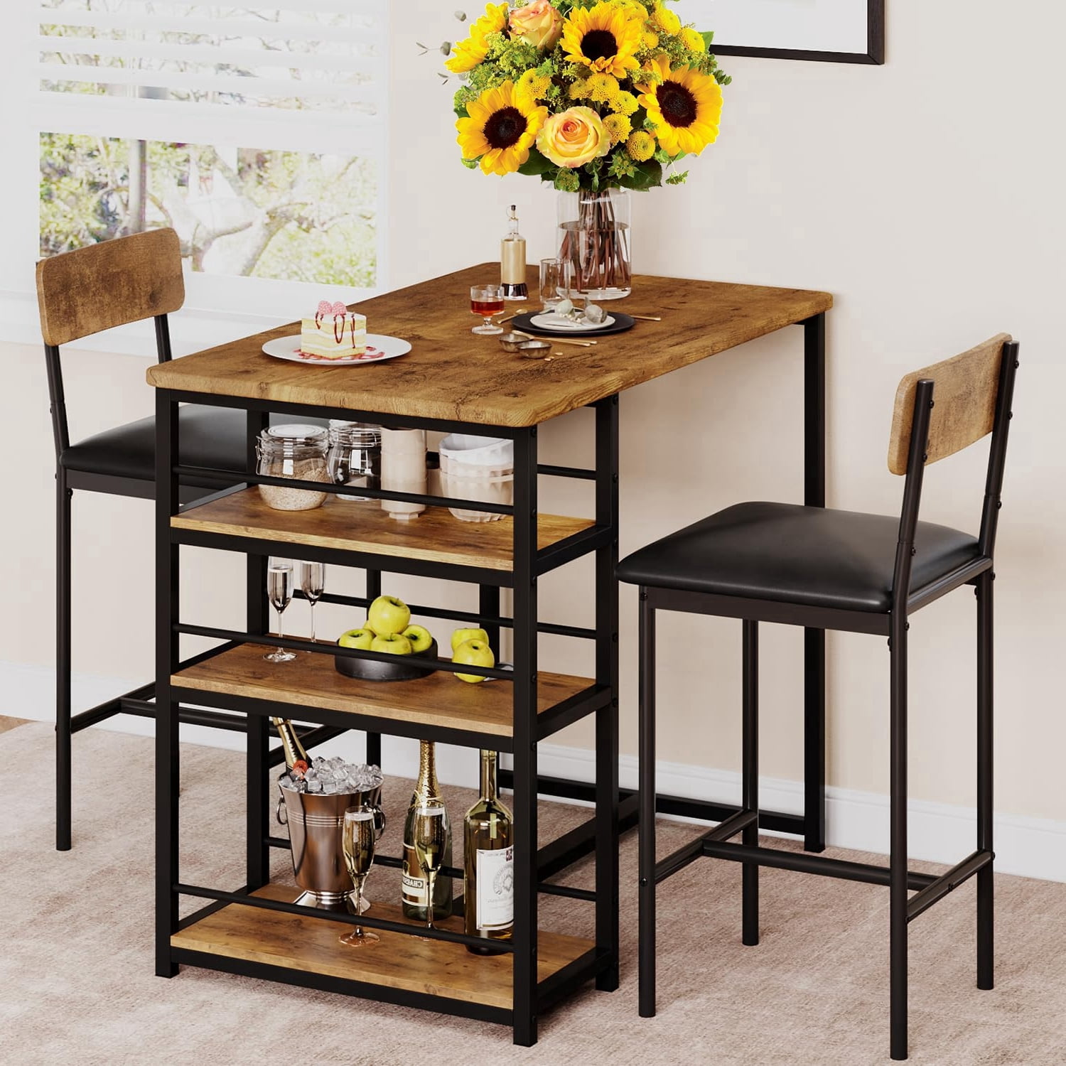 Soonbuy 3 Piece Dining Table Set with 3 Large Storage Shelves,Rusitc ...