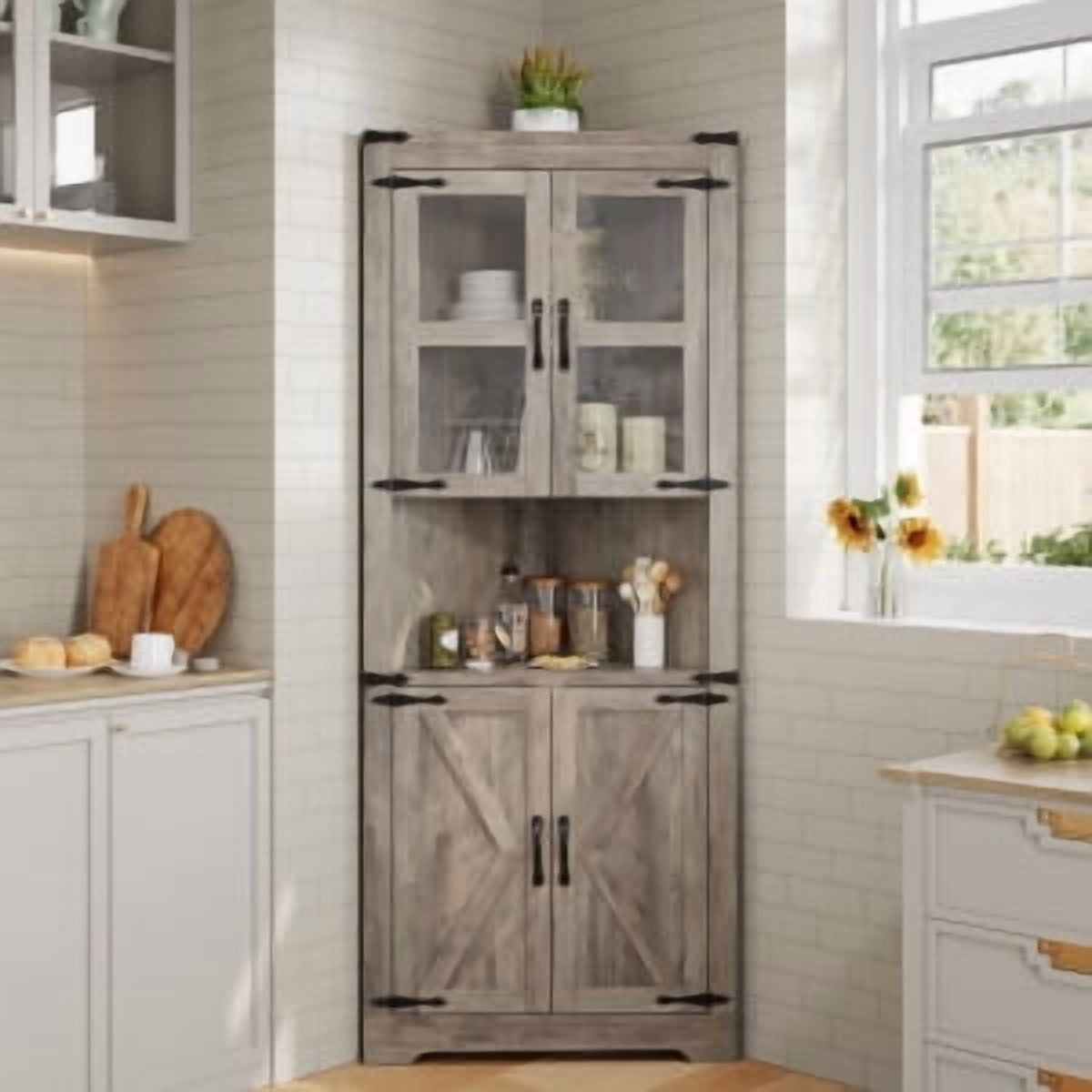 Soonbuy 67inch Farmhouse Corner Hutch Display Cabinet with Glass Doors ...