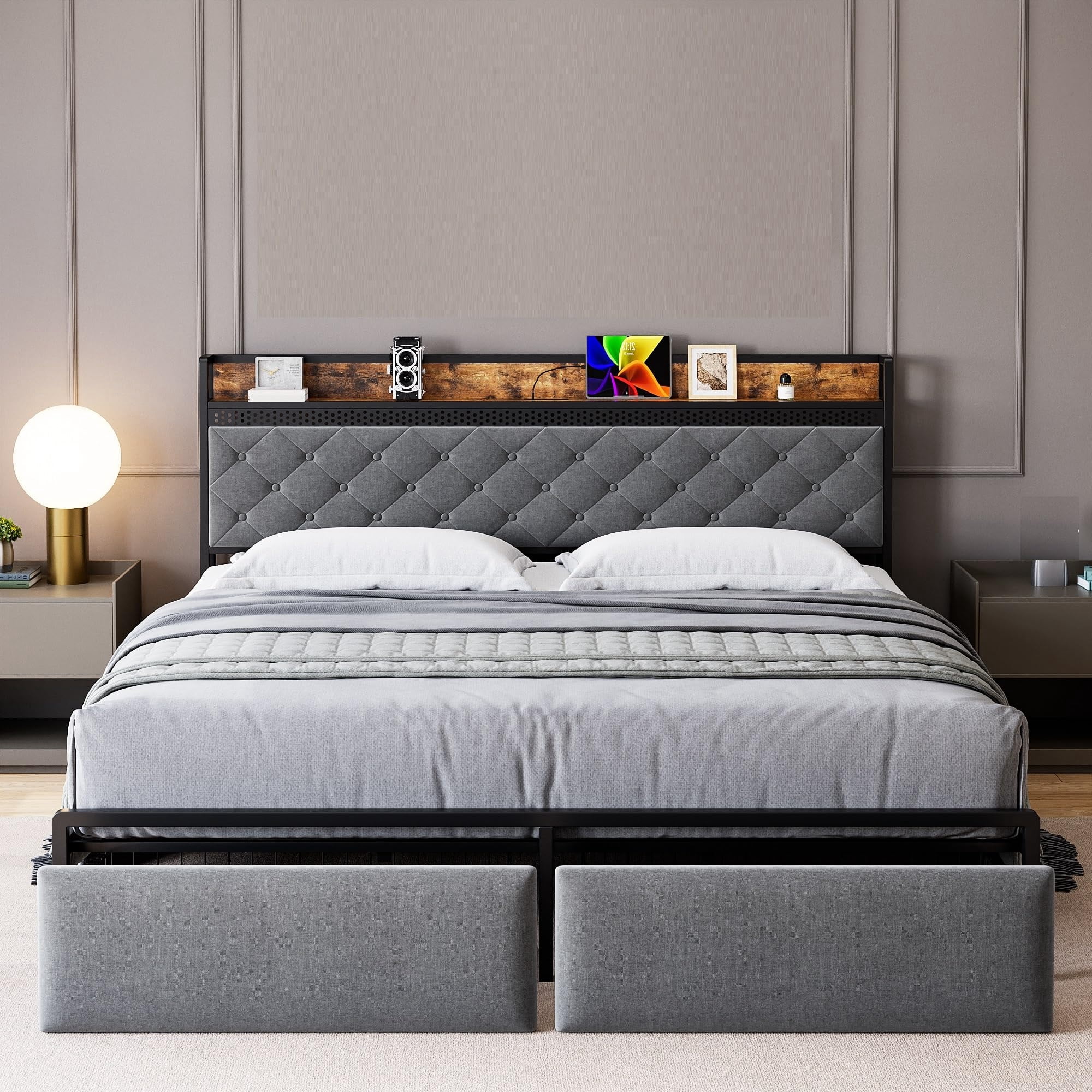 Soonbuy Full/Queen/King Metal Platform Bed, with Headboard/2 Storage ...