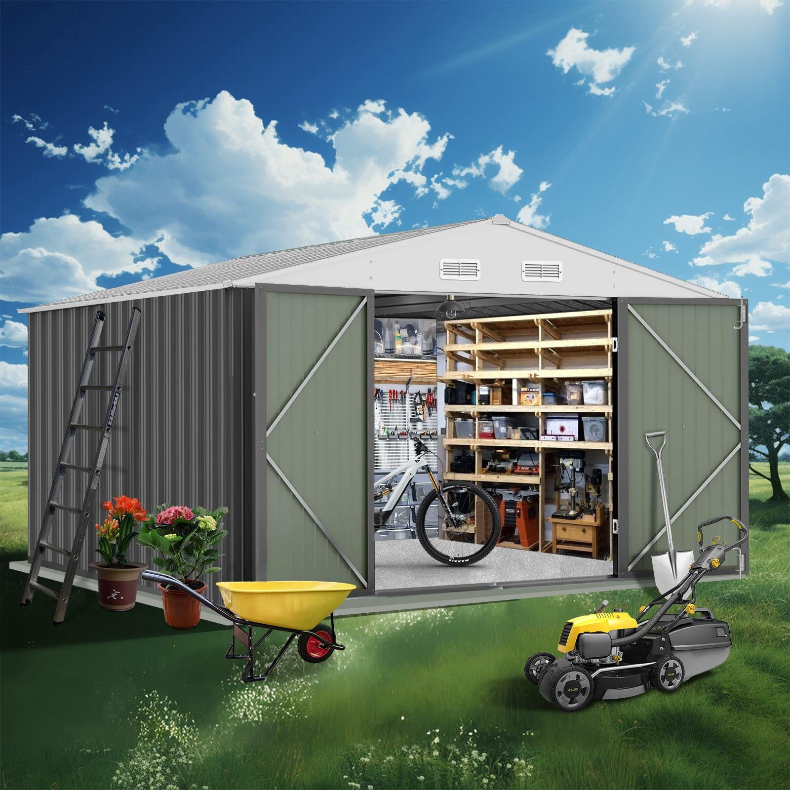 Soonbuy Outdoor Storage Shed, 12x10 FT, Garbage Can, Steel Utility Tool ...