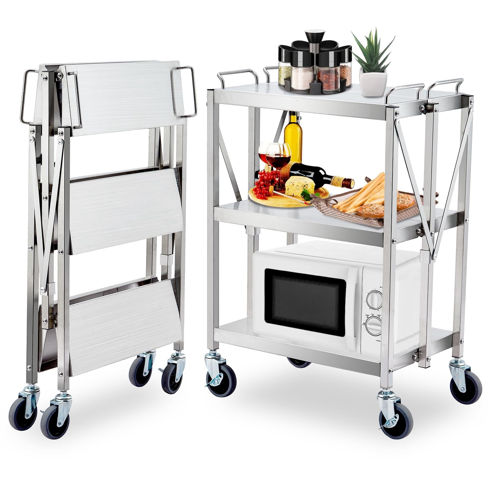 Soonbuy Portable Folding Service Cart, 3 Tier Folding Utility Cart ...