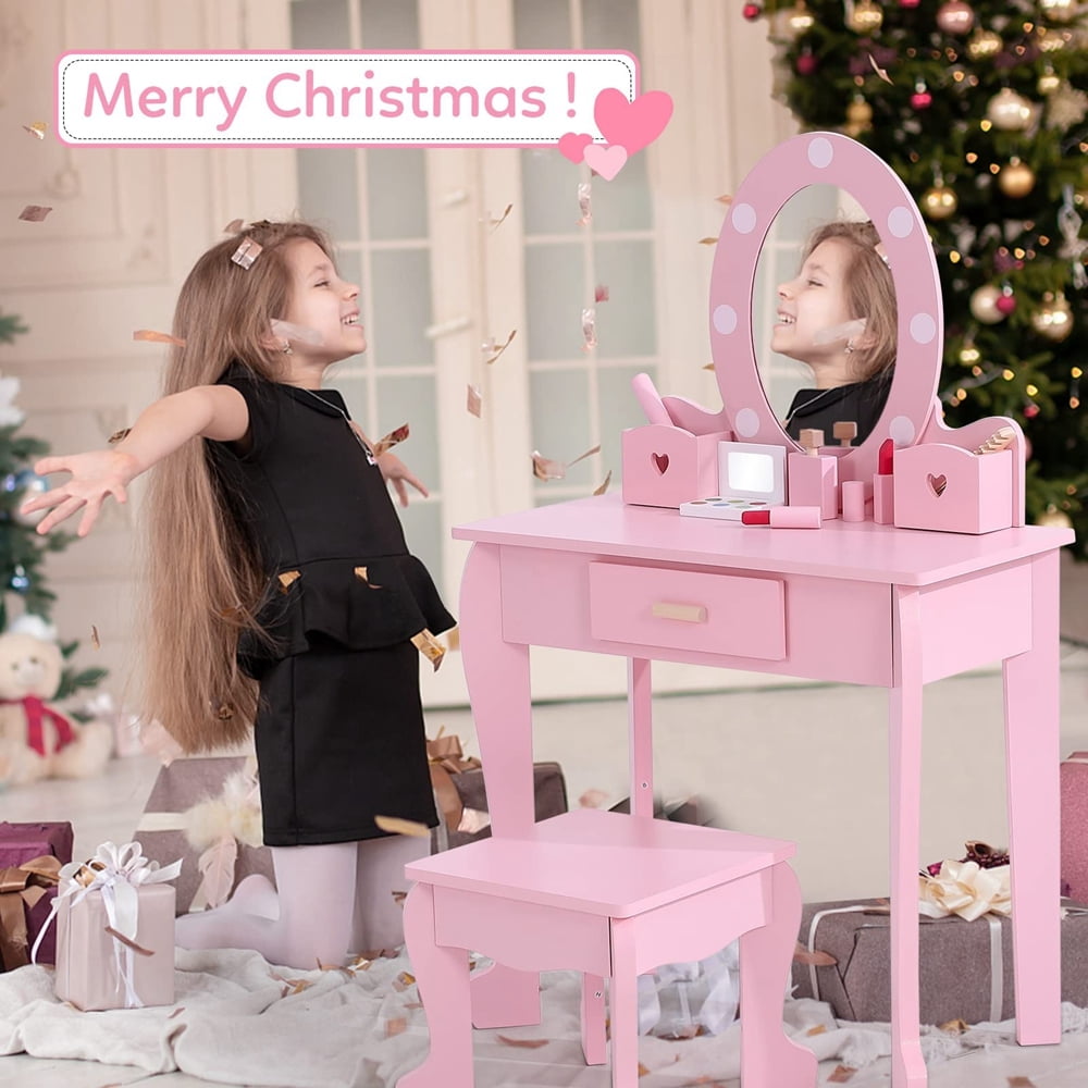 Soonbuy Princess Vanity Table and Chair Set, Kids Vanity Set with ...