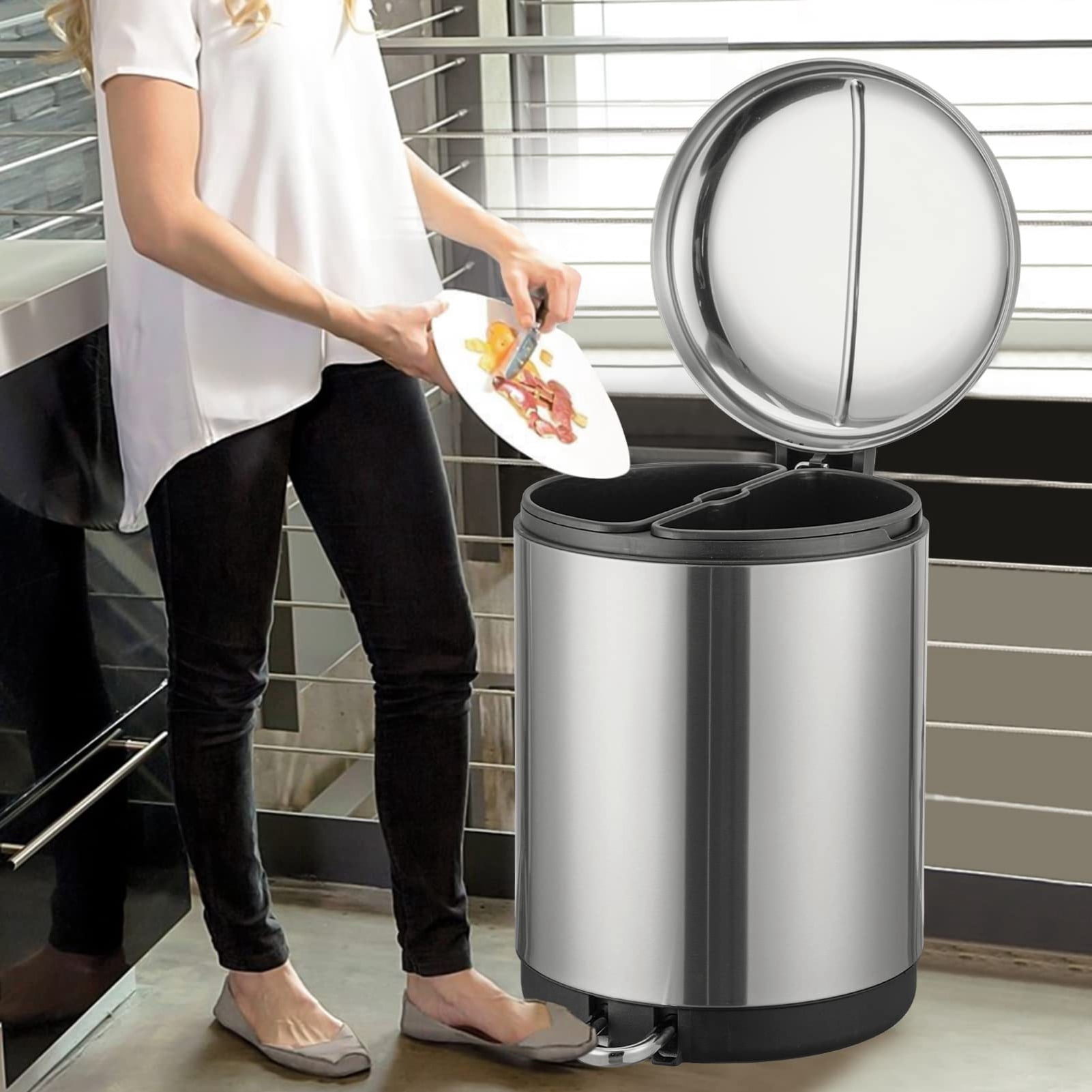Soonbuy Trash Can, Dual Stainless Steel, Step-On Pedal, Quiet Close, 8 ...