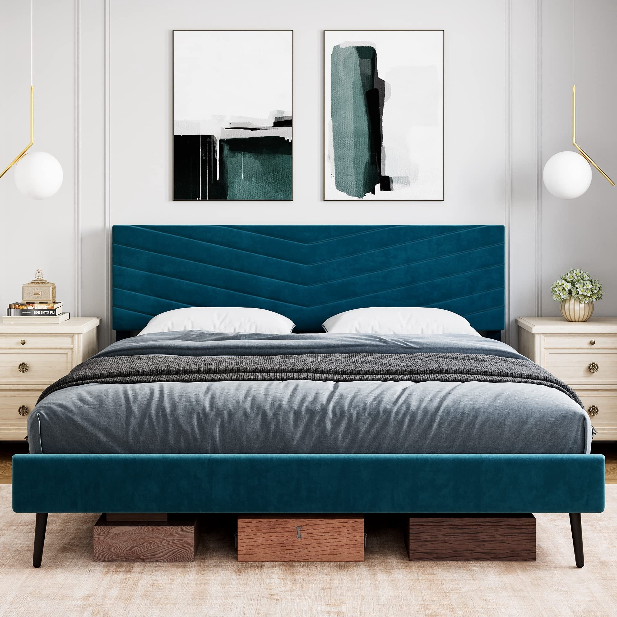 Soonbuy Upholstered Bed Frame Queen Size, Velvet Bed Frame, Blue ...