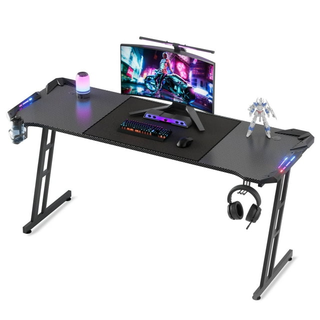 Soontrans 63" Z Shaped Gaming Desk, Computer Gaming Table Desk with LED ...