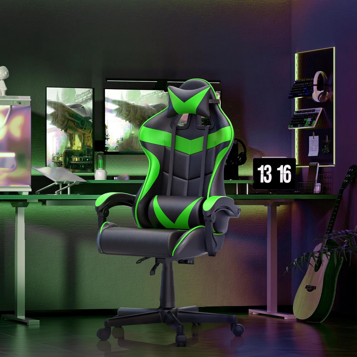 Soontrans Green Gaming Chair with Massage,Racing Gamer Chair for Teens ...