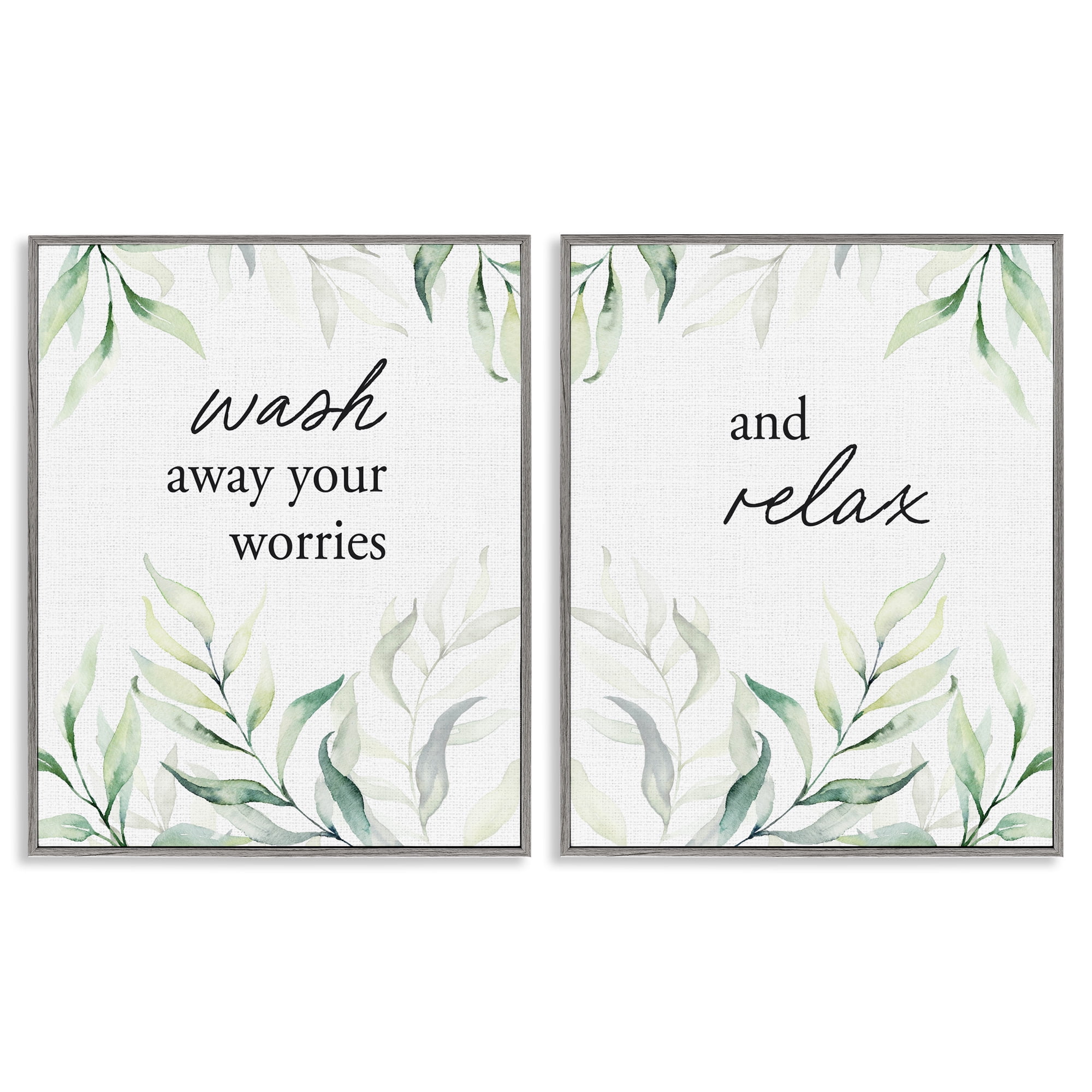 Soothing Bathroom Greenery Words 2 Piece Gray Framed Giclee Art Set ...