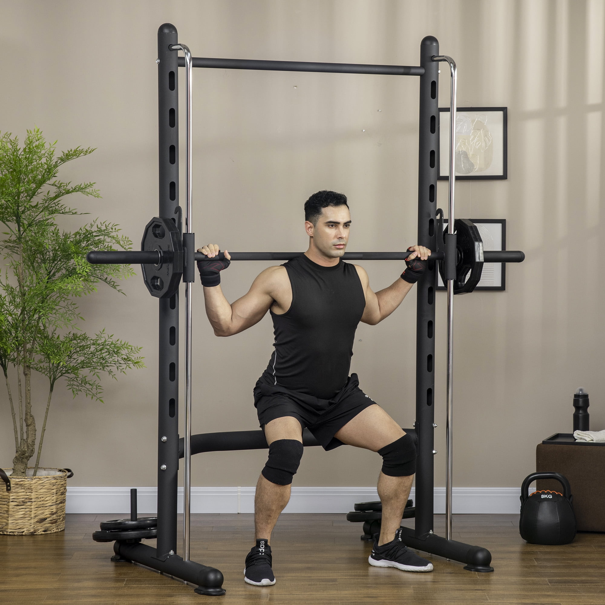 Soozier Adjustable Squat Rack with Pull Up Bar and Barbell Bar Bench ...