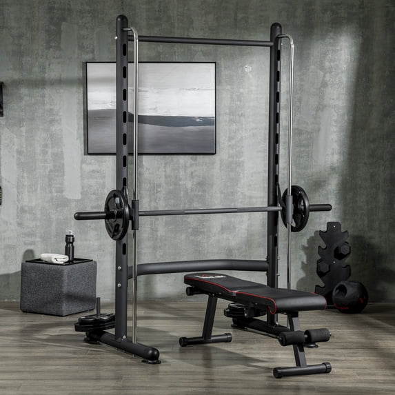 Soozier Adjustable Workout Gym Squat Rack with Pull Up Bar and Barbell ...