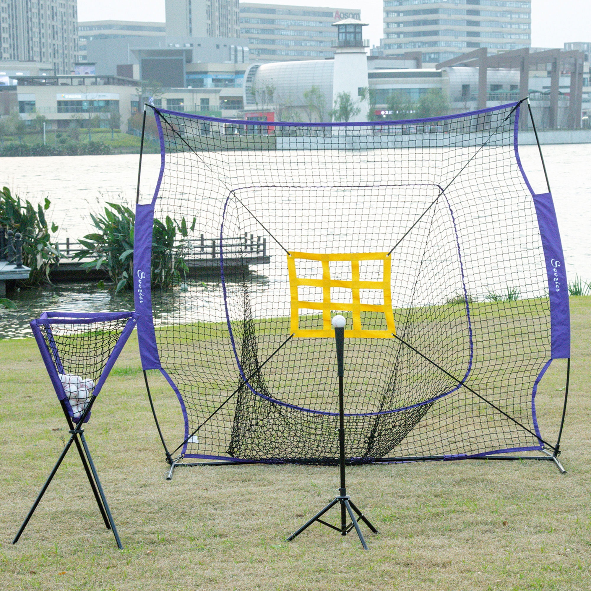 Soozier Portable Baseball Training Set: 7.5x7ft Catcher Net, Ball Caddy ...