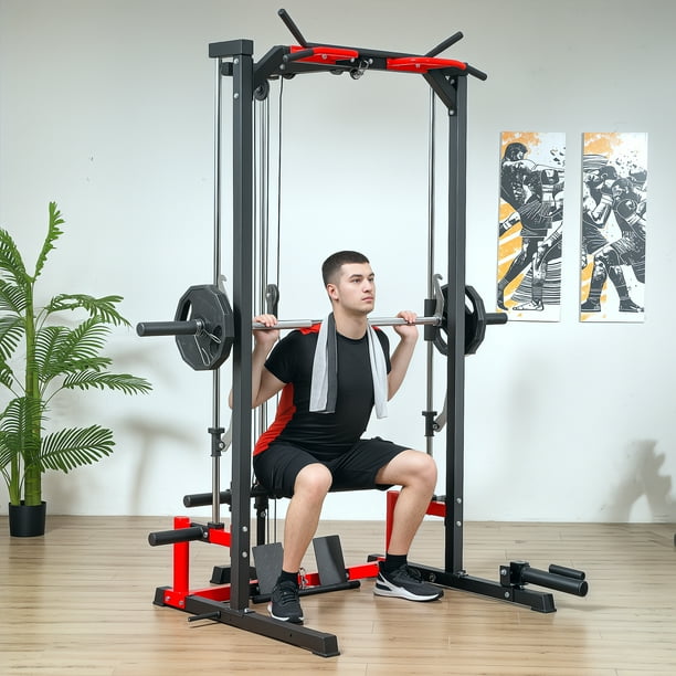 Soozier Multi-Function Smith Machine Power Rack with Pull Up Bar, Lat ...