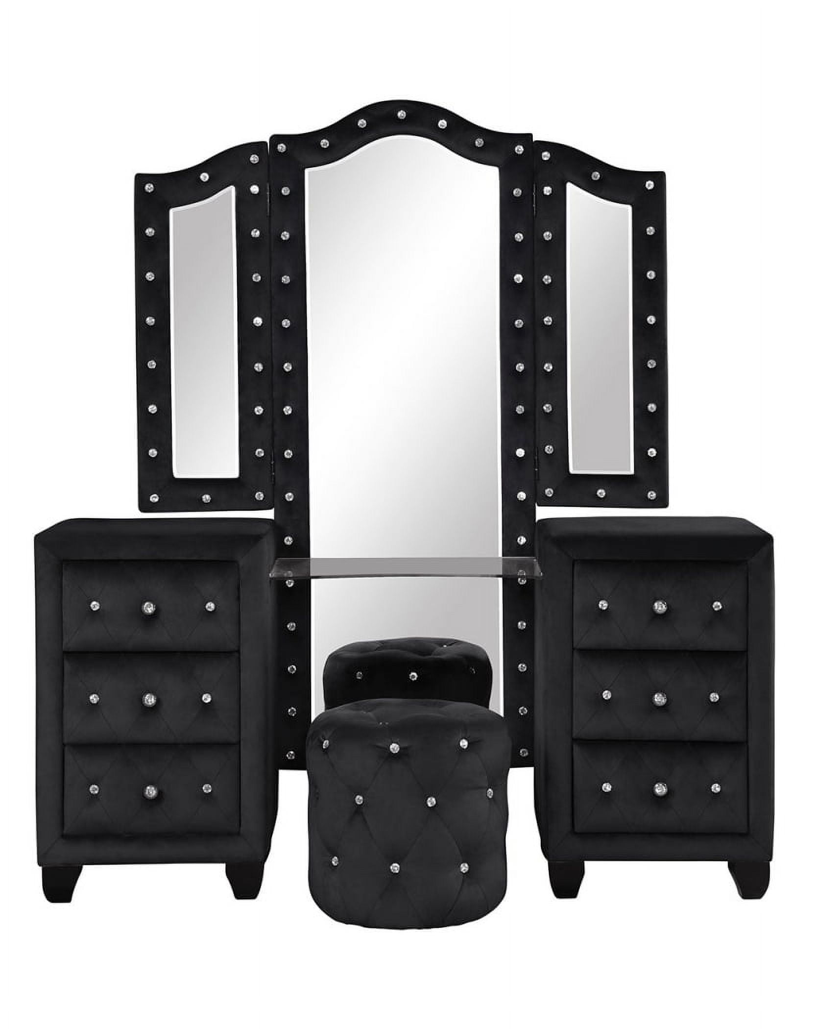 Sophia Crystal Tufted Vanity Set, Black Wood, Mirror, 6 Drawers, Modern Glam Makeup Furniture ...