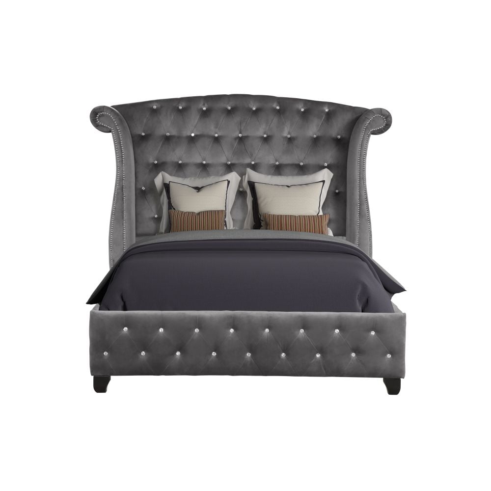 Sophia Modern Style Crystal Tufted Queen Bed - Gray Wood Construction ...