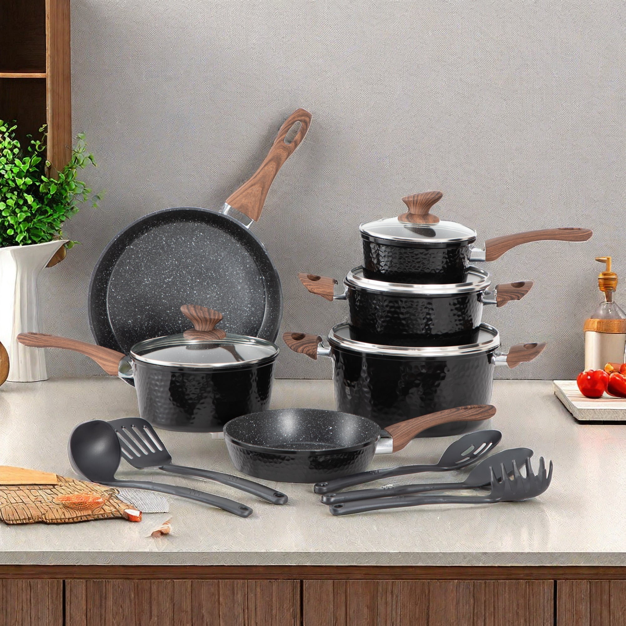 Sophia & William 15 Pieces Induction Nonstick Cookware Sets, Black ...