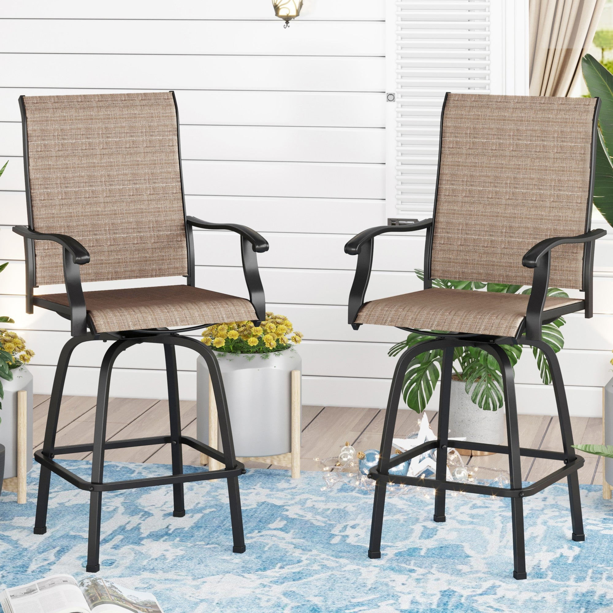GDF Studio Jessie Outdoor Patio Bar Stools, Rattan, Metal, Light Brown ...