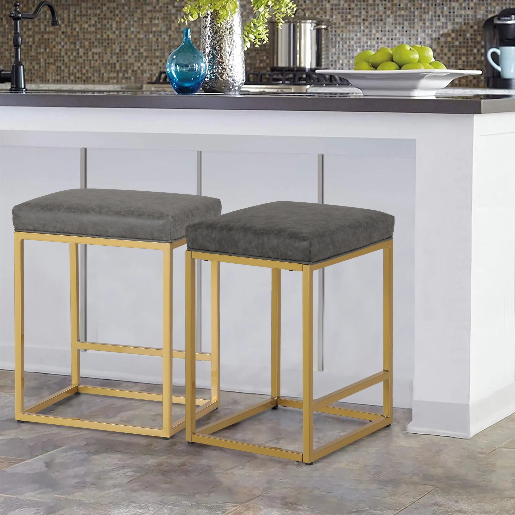 Sophia & William 24" Square Modern PU Leather Bar Stools with Golden ...