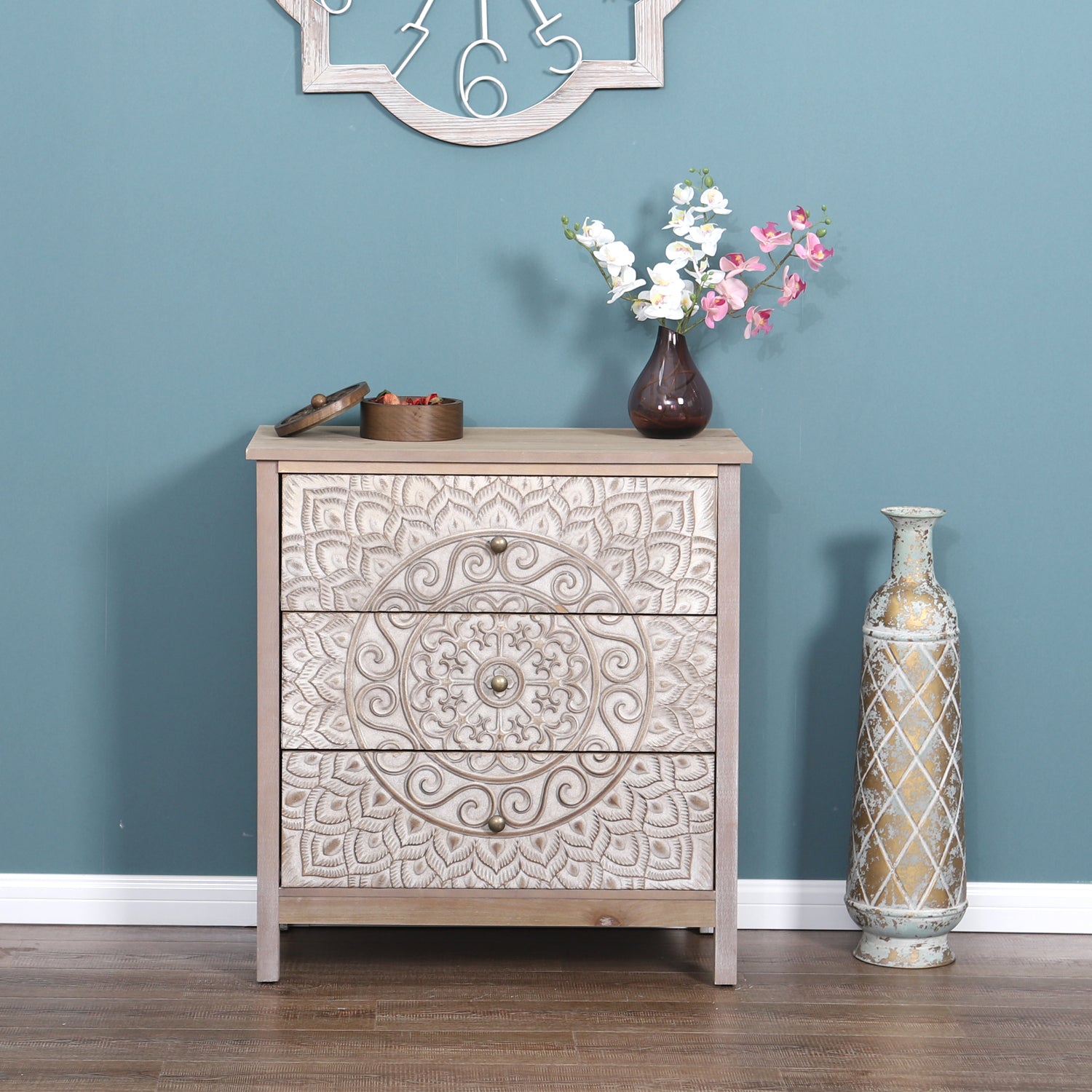 Sophia & William Rustic Wooden Storage Cabinet, 3 Drawers Distressed ...