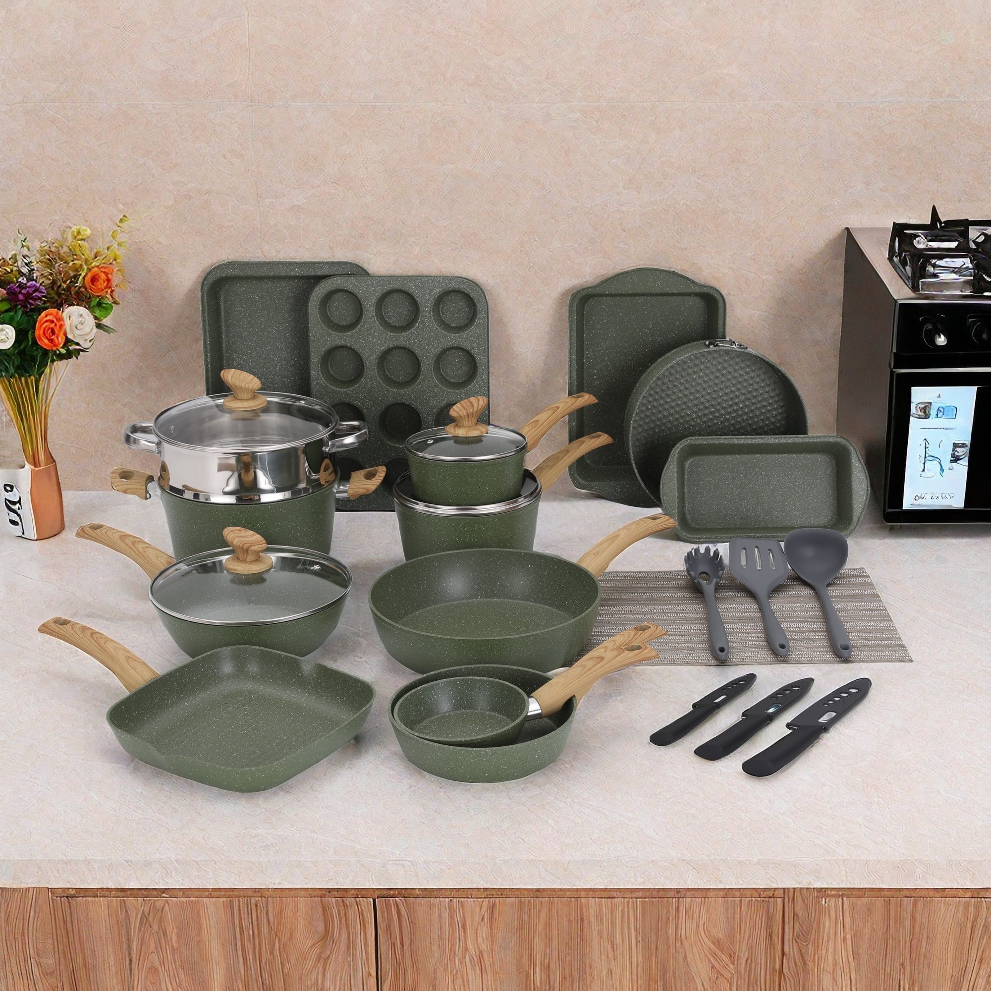 Sophia & William 30 Pieces Cookware & Bakeware Set Safe Granite Non ...