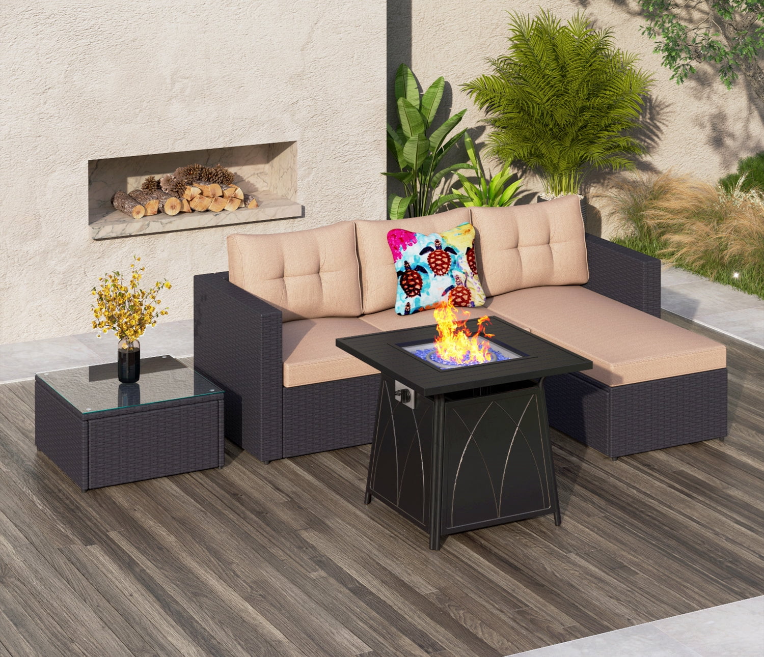 Sophia & William 4-Piece Wicker Patio Conversation Set with Fire Pit ...