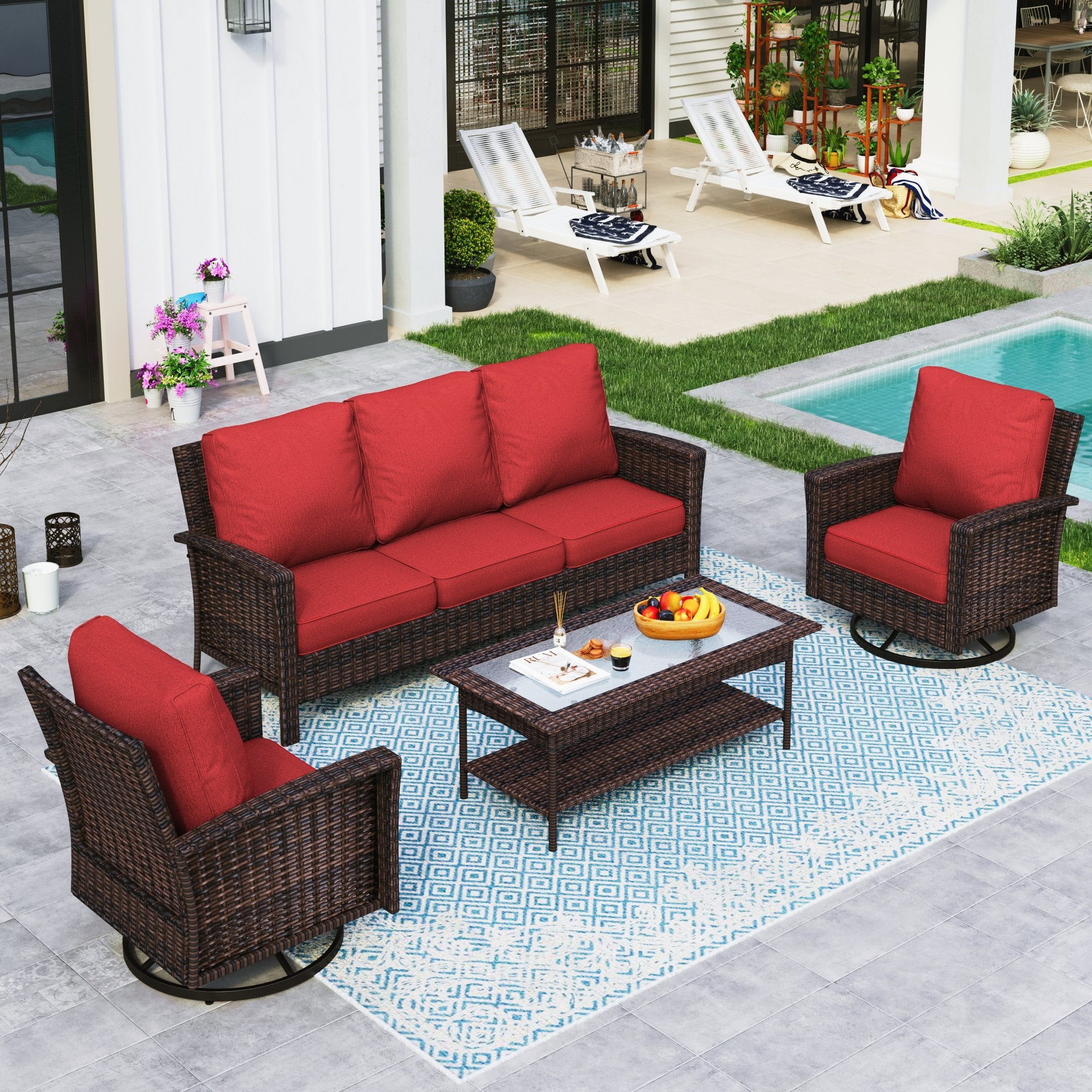 Sophia & William 4 Pieces Wicker Patio Conversation Set 5-Seat Outdoor ...