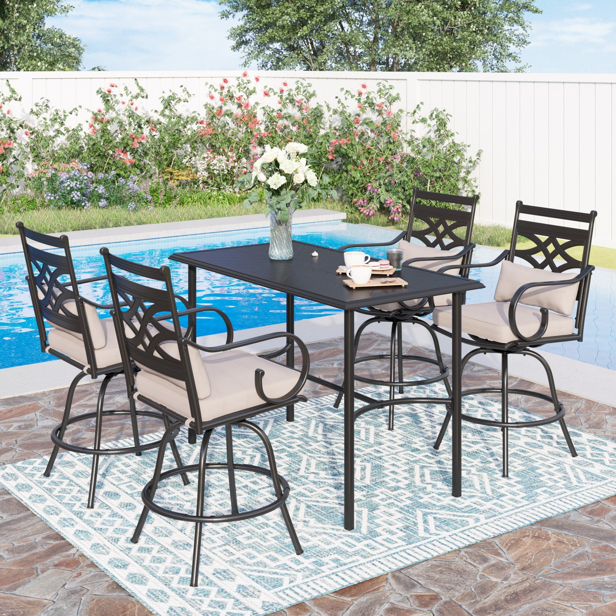 Sophia & William 5 Piece Patio Bar Set Outdoor Rectangular Table and Cushioned Swivel Chairs ...