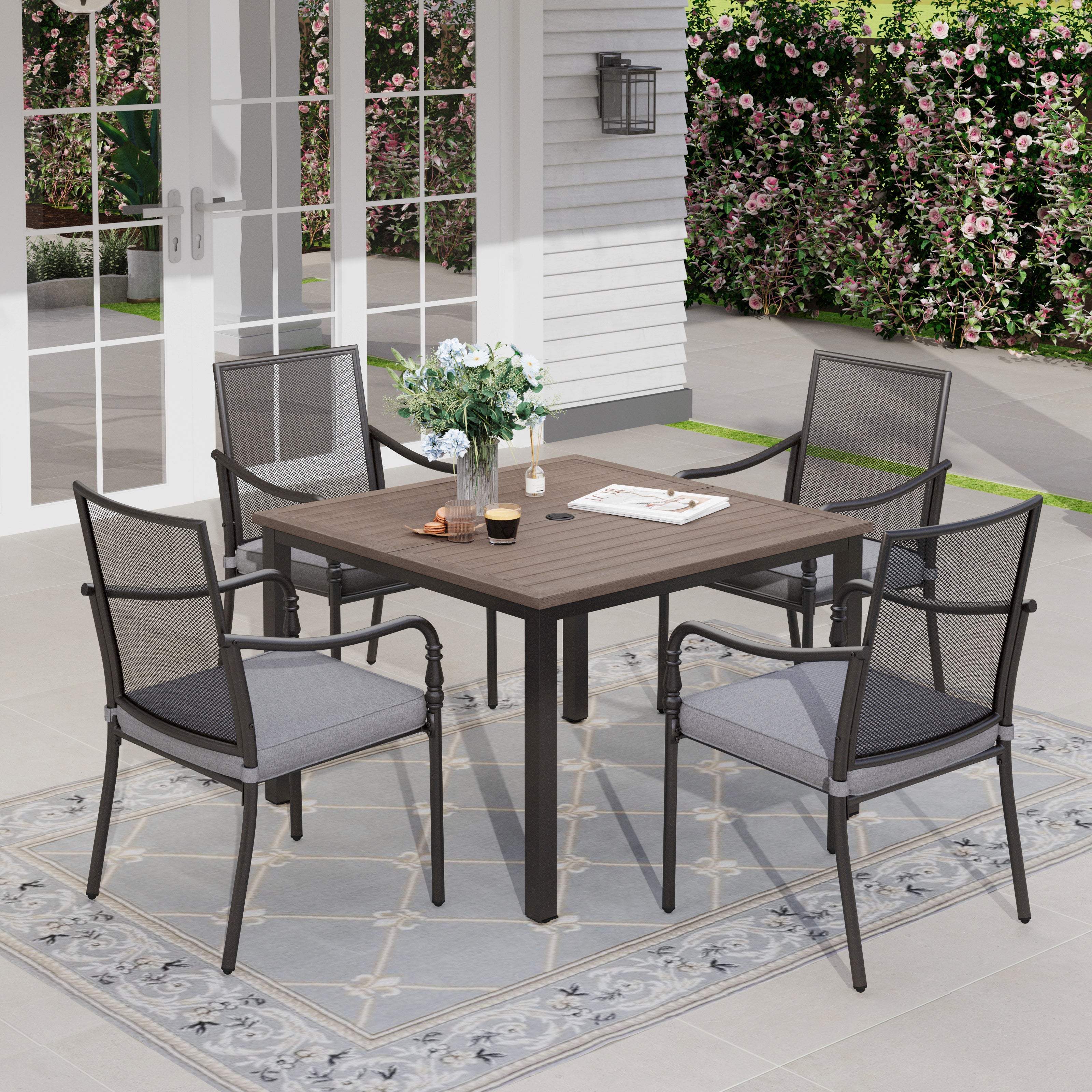 Sophia & William 5 Piece Patio Metal Dining Set Square Table and 4 Mesh ...