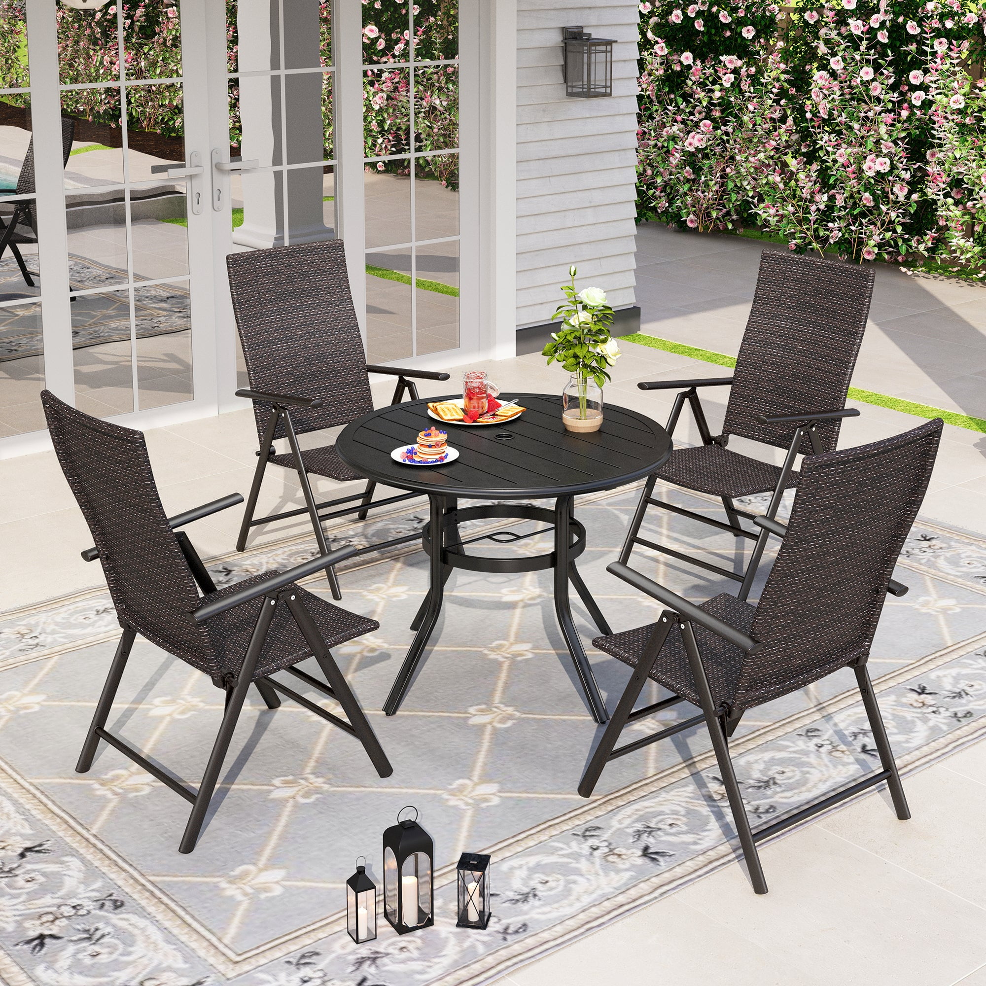 Alpha Joy 5 Pieces Outdoor Patio Dining Set Foldable Adjustable Rattan ...