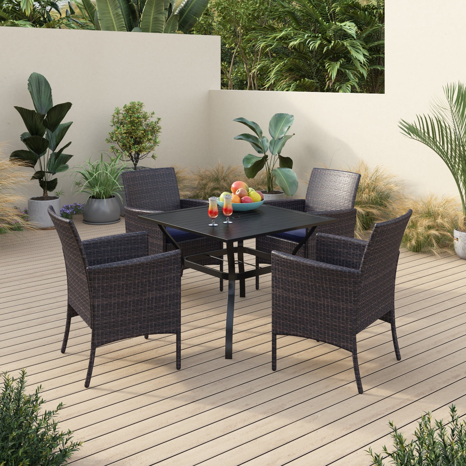 Alpha Joy 5 Pieces Patio Rattan Dining Set Wicker Chairs and Metal ...
