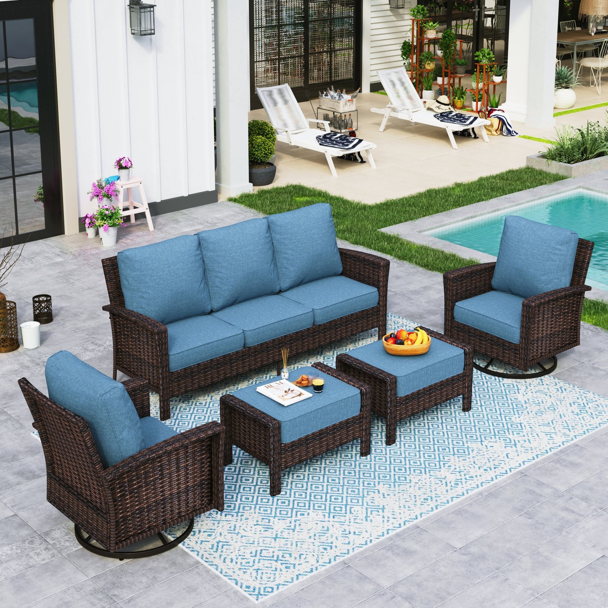 Sophia & William Rattan 5 Pieces Patio Sofa Set, 7-Seat Outdoor ...