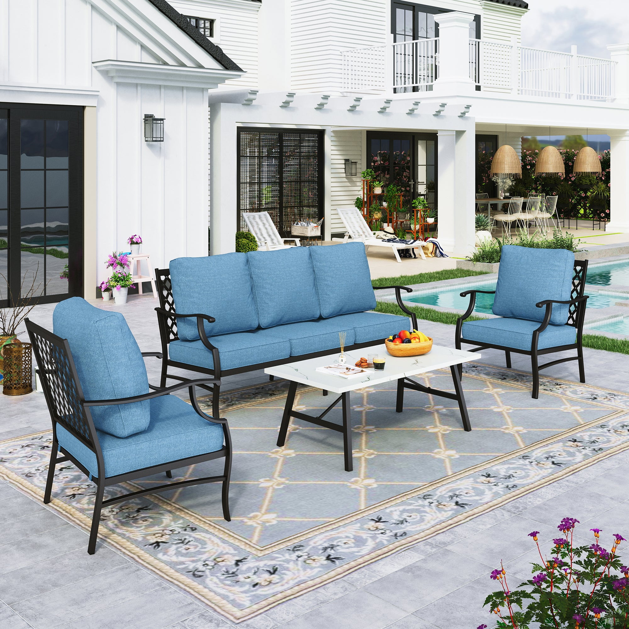 Sophia&William 5 Piece Steel Frame Patio Conversation Set, Navy Blue ...